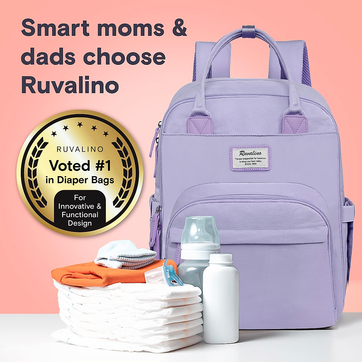 RUVALINO Diaper Bag Backpack - Multifunction Waterproof Travel Backpack, Maternity Baby Bag Tote for Girls with Changing Pad & Stroller Ring & Pacifier Case - Baby Registry Search - Taro Purple