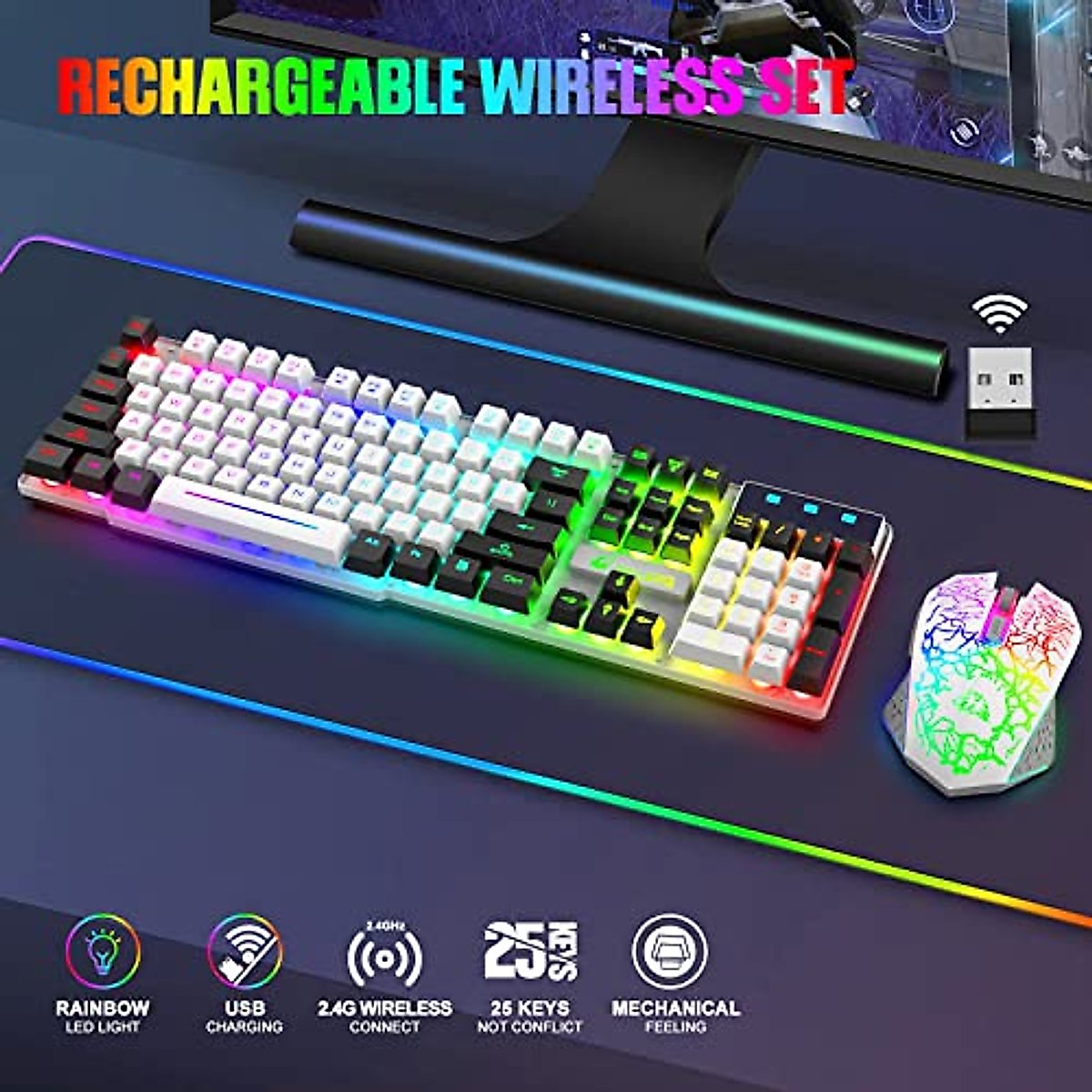 Wireless Gaming Keyboard and Mouse Combo Muti-Color Keycaps Rainbow Backlit Mechanical Feel Keyboard RGB Carck Luminescent Mice Mouse Pad for PC/Mac Gamer, Typist, Travel