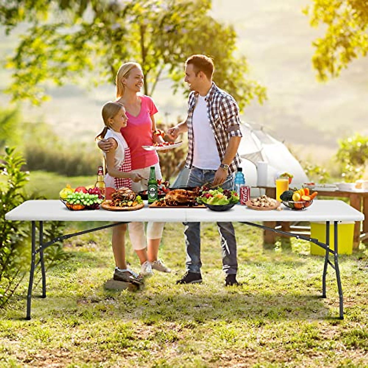 XXkseh 8FT Plastic Folding Table, Heavy Duty Utility Table, Indoor/Outdoor Use, Fold in Half, White