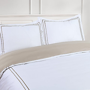 Majestic Giftware Madison Linen 6-Piece Queen Size Duvet Bedding Set (BL51-Q-3) | Flora Hotel Collection-White-Taupe Embroidery 400 TC Cotton Sateen | 1 Fitted Sheet, 1 Duvet, 4 Pillowcases