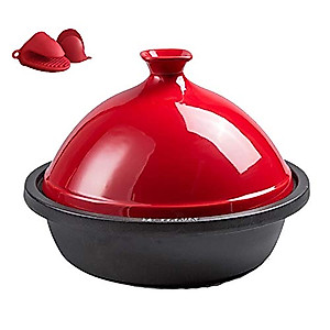 JINXIU Casserole Professional Lead Free Cooking Tagine, 30Cm Moroccan Cooking Tagine for Different Cooking Styles, Cast Iron Tagine Pot W/Gloves - Best Gift (Color : Red)