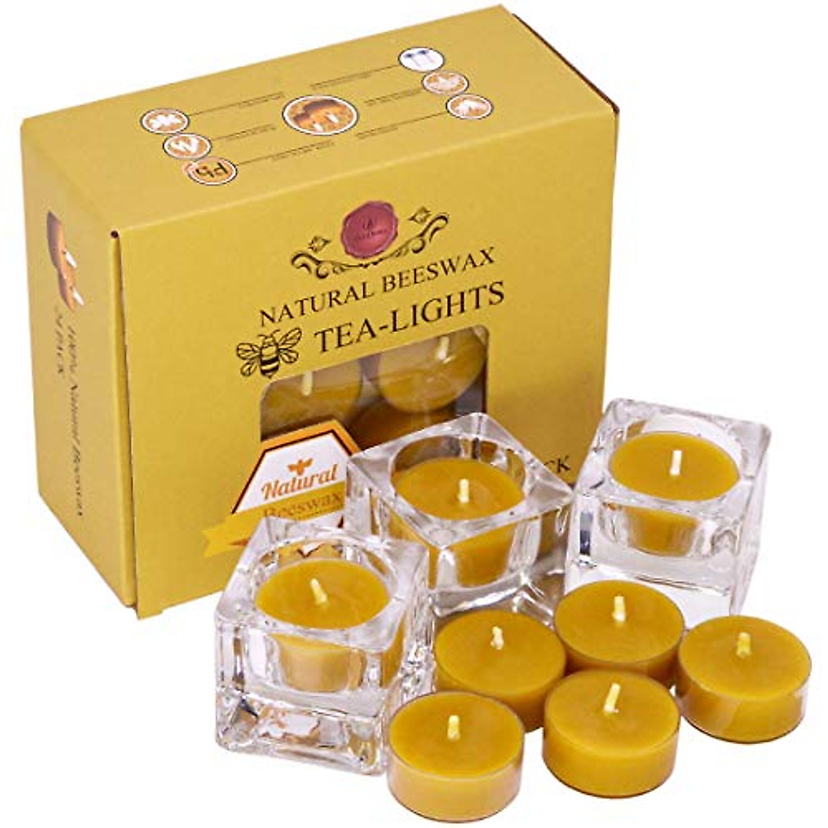 24 Count Natural Beeswax Tealights Candle with Glass Candle Holder - Natural Scent, Smokeless, Clear Cup, Clean Burning - Yellow