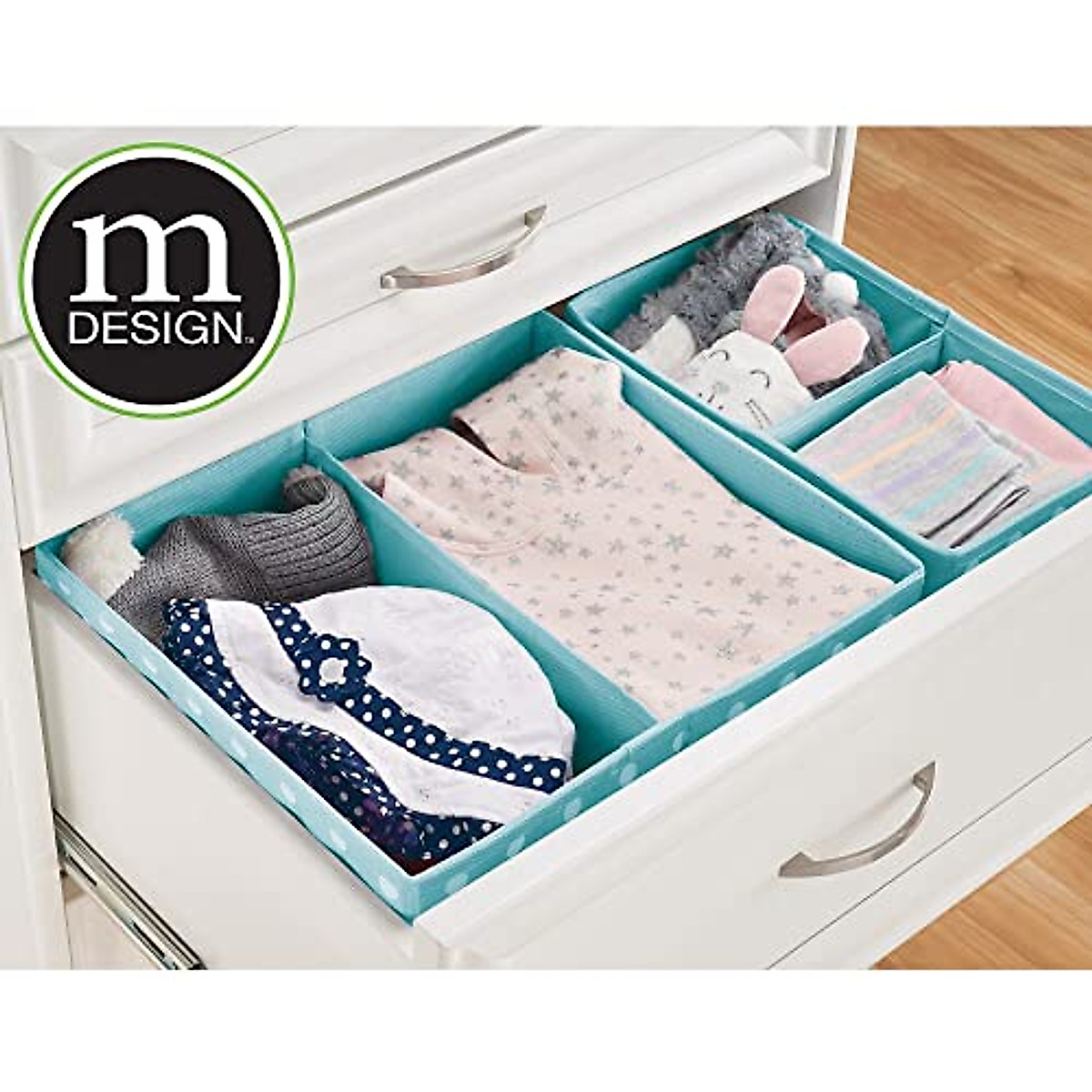 mDesign Fabric 2-Piece Drawer Organizer Bins, Kids/Baby Nursery Dresser, Closet, Shelf, Playroom Organization, Hold Clothes, Toys, Diapers, Bibs, Blankets, Turquoise Blue/White Polka Dot