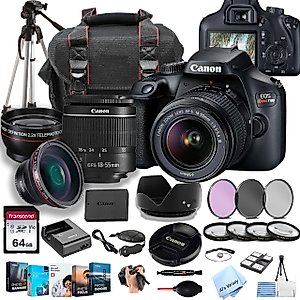 Canon Rebel T100 / EOS 4000D DSLR Camera w/EF-S 18-55mm F/3.5-5.6 Zoom Lens + 64GB Memory, Filters + Macro + 2X Lens, Case, Tripod, Flash, and More (36pc Bundle) (Renewed)