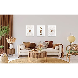 Boho Wall Art Set Of 3 Decor. Ready To Hang Framed Sun and Moon Phase Canvas Prints For Bedroom Living Room Bathroom Office. Minimalist Mid Century Modern Decor Bohemian Large 12"x16"
