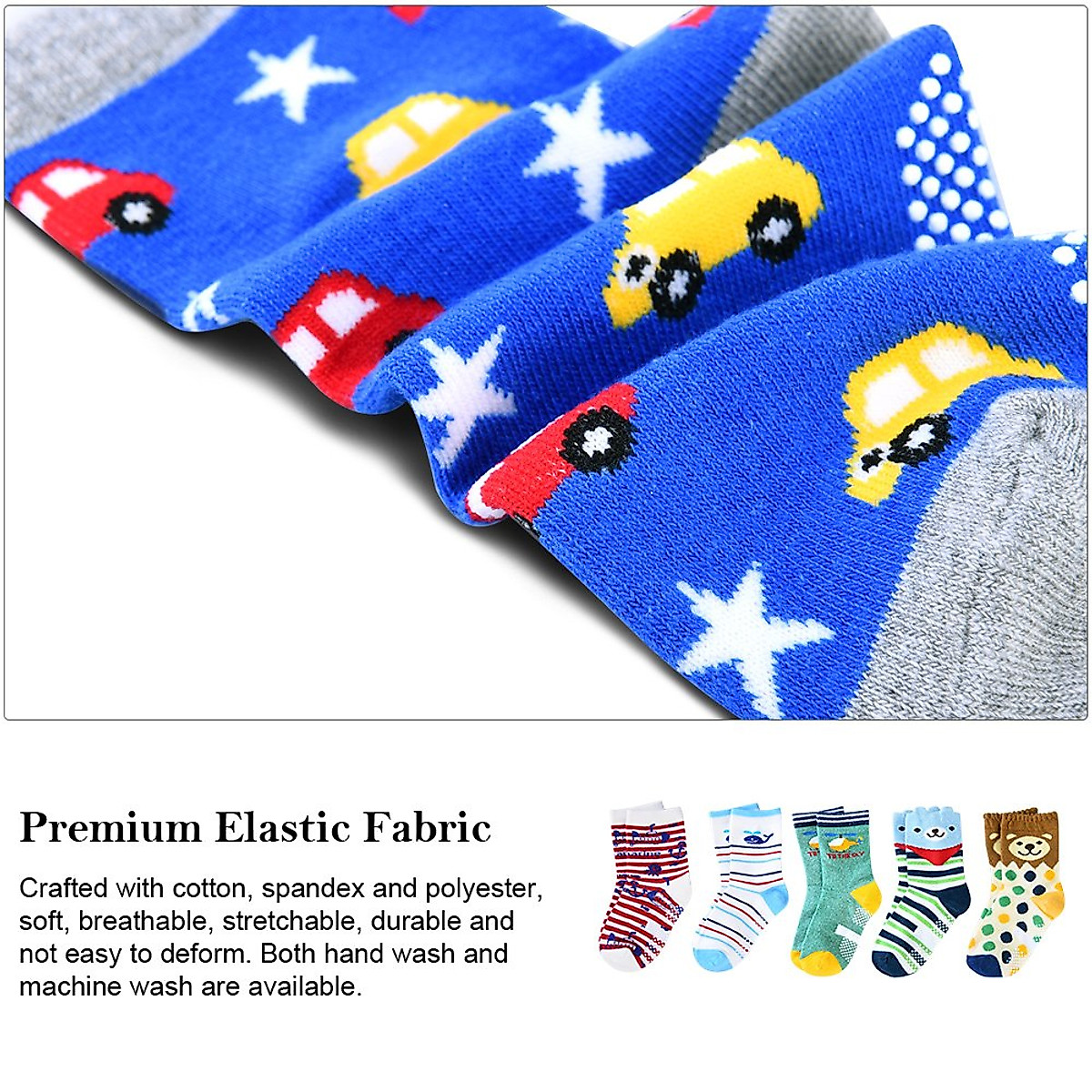 OOPOR Kids Cotton Crew Socks with Grip - 5 Pack Boys Girl Winter Athletic Sport Ankle Sock Set 3-5 Year