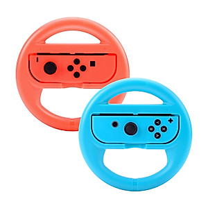 Beastron Racing Games Steering Wheel compatible with Switch Mario Kart, Joy-Con Steering Wheel, Red & Blue 2 Pack