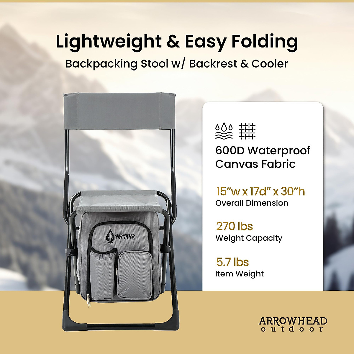 Arrowhead Outdoor Multi-Function 3-in-1 Compact Camp Chair: Backpack, Stool & Insulated Cooler, w/Bottle Holder & Storage Bag, External Pockets, Backrest, Fishing, Hiking, Heavy-Duty, USA-Based