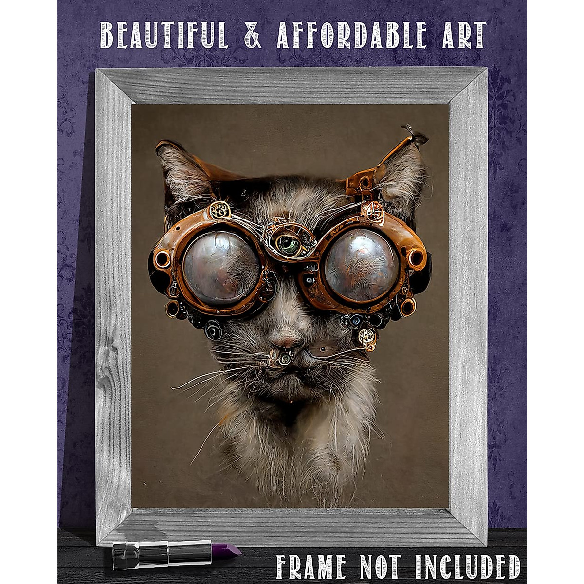 Steampunk Cat Wearing Goggles - 11x14 Unframed Wall Art Print - Makes a Funny and Cute Home Decor and Gift For Cat Owners