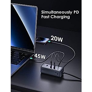 USB C Charger, oraimo 65W GaN Charging Station with 2 Outlets Extender, 5ft Extension Cord & 60W Type C Cable for MacBook Pro, iPhone, Galaxy, Pixel, Desktop Accessory for Home, Office Supplies