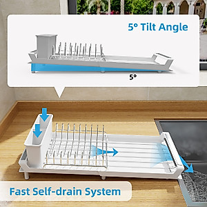 PETXPERT Dish Drying Rack, Expandable Dish Rack for Kitchen Counter with Utensil Holder, Stainless Steel Small Dish Drainer Organizer with Drainboard for Kitchen in Sink (Grey)