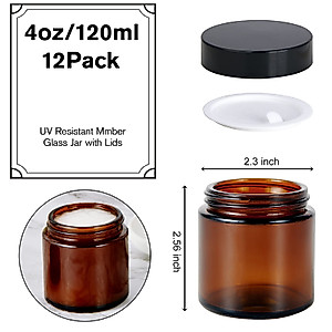 4oz Jars with Lids, Hoa Kinh 12 Pack Amber Glass Jars with Lids Empty Cosmetic Containers Round Airtight Glass Jar with Inner Liners and black Lids for Storing Lotions, Powders, and Ointments