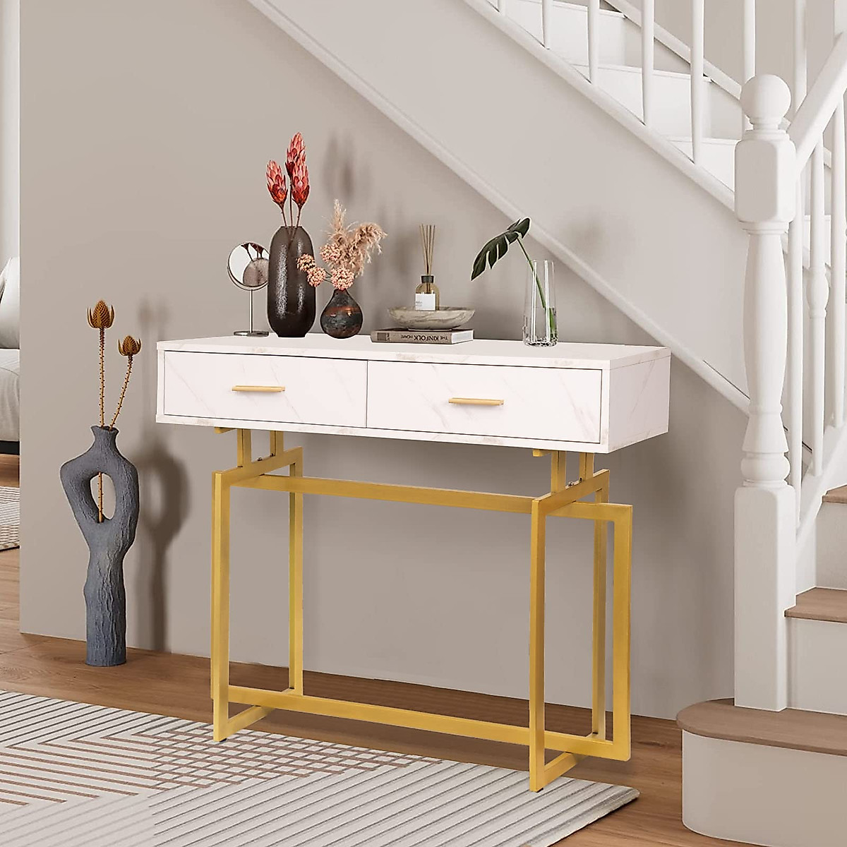 3imothrix Console Table with 2 Drawers, 39.37" Narrow Entryway Table Sofa Table for Hallway, Entrance Hall, Foyer, Corridor, Living Room, Faux Marble, Gold Base