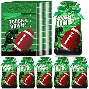 Pasimy 50 Pcs Football Birthday Gift Bags Baseball Birthday Drawstring Bags Football Plastic Bags Baseball Favors Candy Treat Goodie Bags for Football Themed Kids Birthday Party Supplies