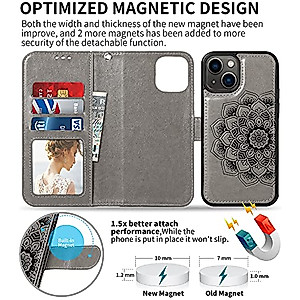 CASEOWL iPhone 13 Wallet Case - Magnetic Detachable 2-in-1 Mandala Embossed Leather with RFID Blocking, Card Holder, Hand Strap (Gray)