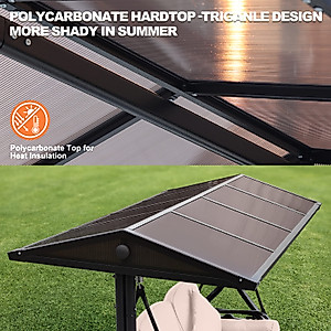 NOBLEMOOD Hardtop Patio Porch Swing, 3 Seat Outdoor Swing with Convertible Backrest, 2 Side Cup Holder, Thickened Cushion, 4 Pillows for Adult, Garden, Lawn