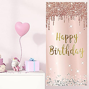 Pink Rose Gold Happy Birthday Door Banner Decorations, Happy Birthday Door Cover Backdrop Party Supplies for Women, Large 16th 21st 30th 40th 50th Birthday Poster Sign Decor