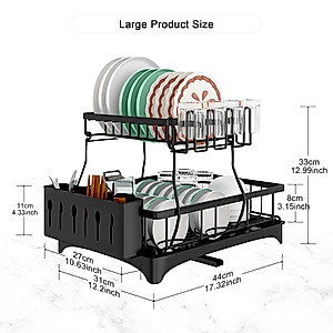 Dish Drying Rack for Kitchen Counter with Dryer Mat, 2-Tier Large Capacity Dish Racks Over The Sink and Drainboard with Drainage, Stainless Steel Anti-Rust Sink Dish Strainer with Utensils Holder