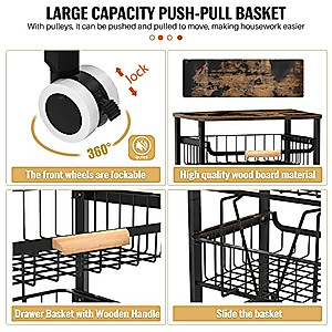5-Tier Rolling Storage Cart with Wheels, Large Capacity Kitchen Cart, Mobile Utility Cart with Wooden Tabletop and Mesh Baskets, Bathroom, Laundry Room