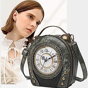 Real Working Clock Handbags Purse Antique Steampunk Shoulder Bag PU Messenger Bag