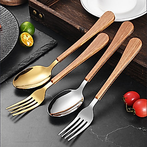 Wood Silverware Set 64 Piece Stainless Steel Flatware Set for 16 Wooden Grain Handle Cutlery Sets Restaurant Wedding Kitchen Tableware Utensil Include Knife Spoon Fork Fruit Fork and Coffee Spoon