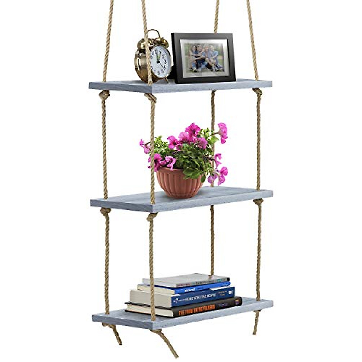 Sorbus Wood Hanging Shelf 3-Tier Rustic Wood Swing Storage Shelves Jute Rope Organizer Rack, Floating Display Shelves (Grey)