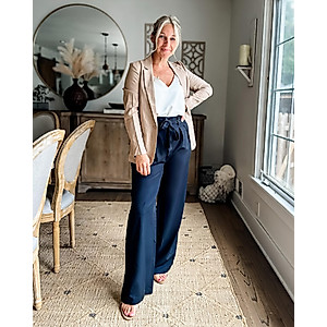 GRAPENT Women's Summer Business Casual Wide Leg Pleated Front Navy Blue Pants Size L