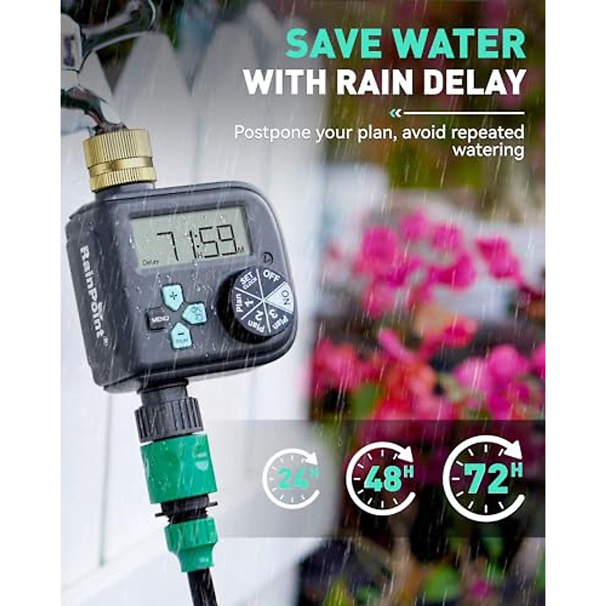 RAINPOINT Sprinkler Timer with 3 Different Programs, Waterproof Hose Timer Brass Inlet, Water Timer with Rain Delay/Manual/Automatic Irrigation Timer System, 1 Outlet