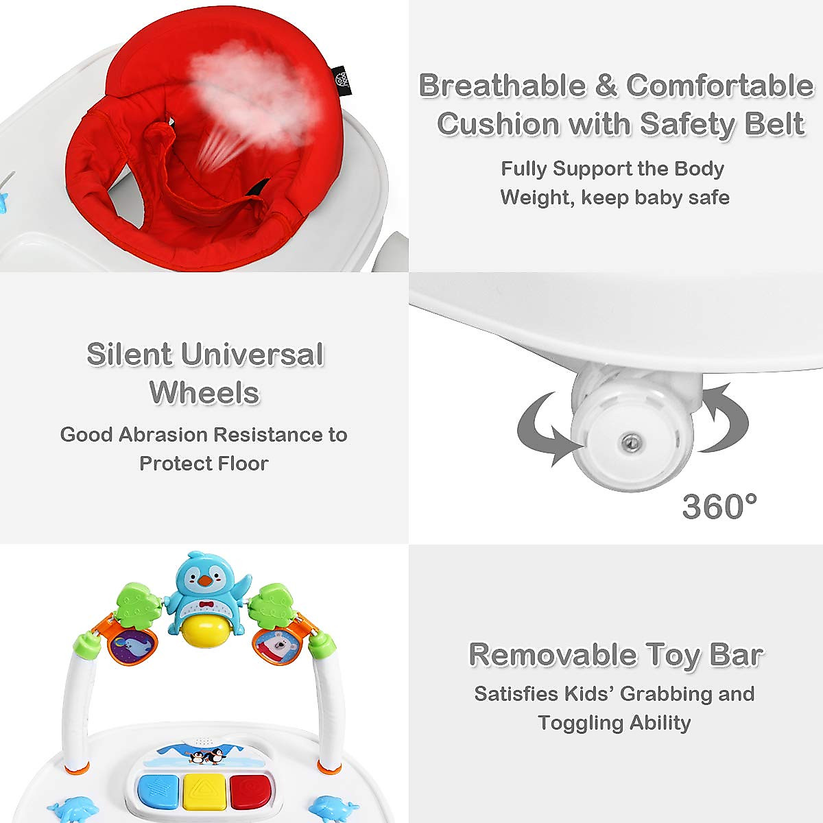 BABY JOY Baby Walker, 2 in 1 Foldable Activity Behind Walker with Adjustable Height & Speed, Friction Control Functions, Safety Belt, High Back Padded Seat, Music, Detachable Penguin Play Bar (Red)