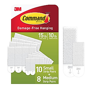 Command Picture Hanging Strips Variety Pack, Damage Free Hanging Picture Hangers, No Tools Wall Hanging Strips for Living Spaces, White, 10 Small Pairs and 8 Medium Pairs(32 Strips)