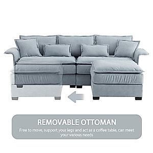 DEINPPA Sectional Sofa with Bentwood Armrests, Modern Deep Seat Sofa Couch with Ottoman, Tech Cloth Upholstered Sleeper Sofa, Comfy Furniture for Living Room, Apartment, Studio, Office-Blue