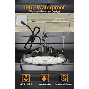 Pvilub High Bay LED Shop Lights: 150W 21000LM UFO LED High Bay Light with US Plug, 120-277V, IP65 Commercial Bay Lighting, High Bay LED Lights for Garage Workshop Warehouse Factory Barn 2PACK