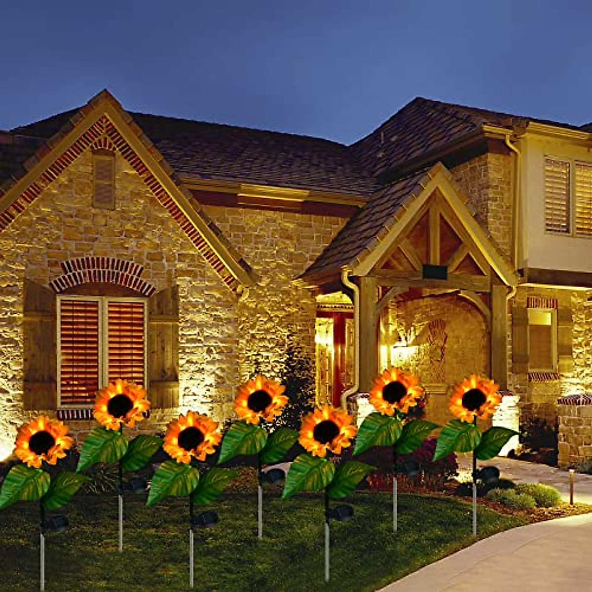 BLUEGUAN 4 Packs Solar Garden Lights, Solar Lights Outdoor Waterproof, Automatic Charging Sunflower Solar Flower Lights, Garden Solar Lights Decorative for Courtyards, Backyards and Lawn