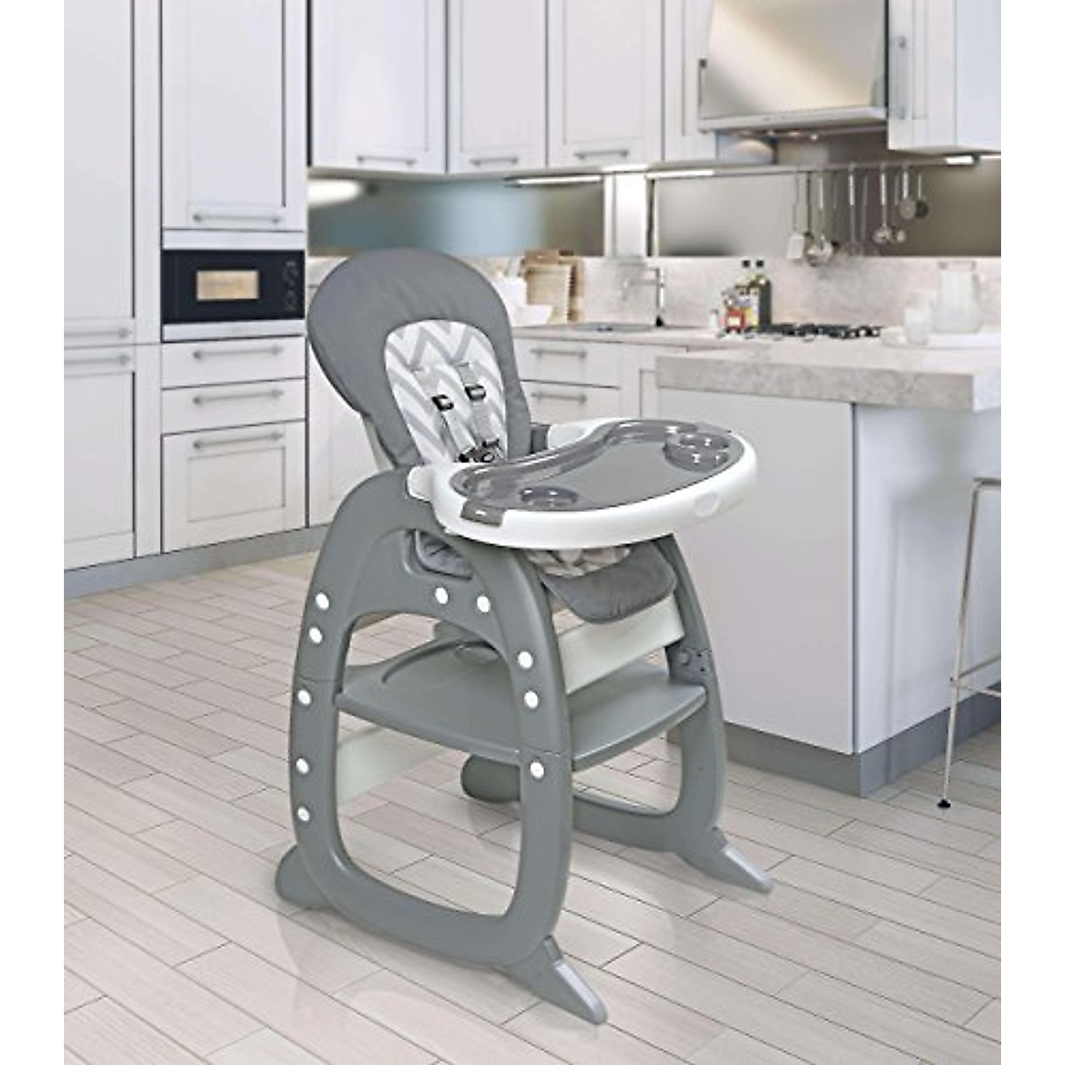 Badger Basket Envee II Baby High Chair with Playtable Conversion – Gray Chevron, 5-Point Harness, Dishwasher Safe Tray, Machine Washable Cushion