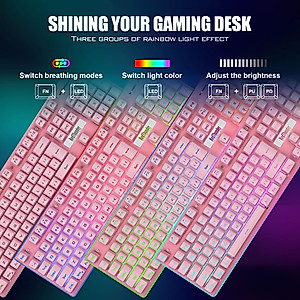 RedThunder K10 Wireless Gaming Keyboard and Mouse Combo, LED Backlit Rechargeable 3800mAh Battery, Mechanical Feel Anti-ghosting Keyboard + 7D 3200DPI Mice for PC Gamer (Pink)