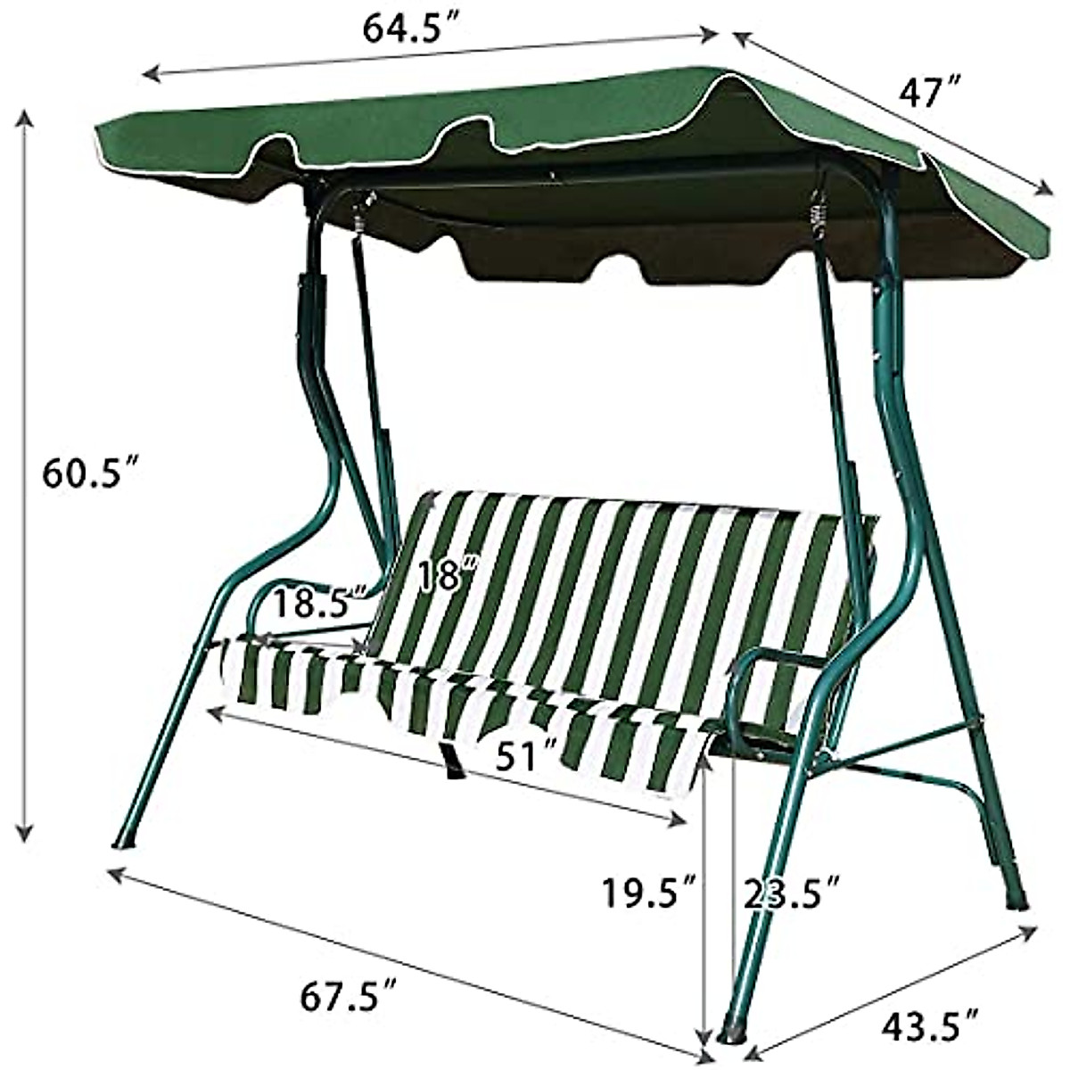Hysache 3-Seater Canopy Swing Chair, Waterproof Outdoor Swing Cushioned Seat with Adjustable & Removable Canopy, Steel Frame Polyester Fabric Oxford Cloth Patio Hammock Cover Top (Green)