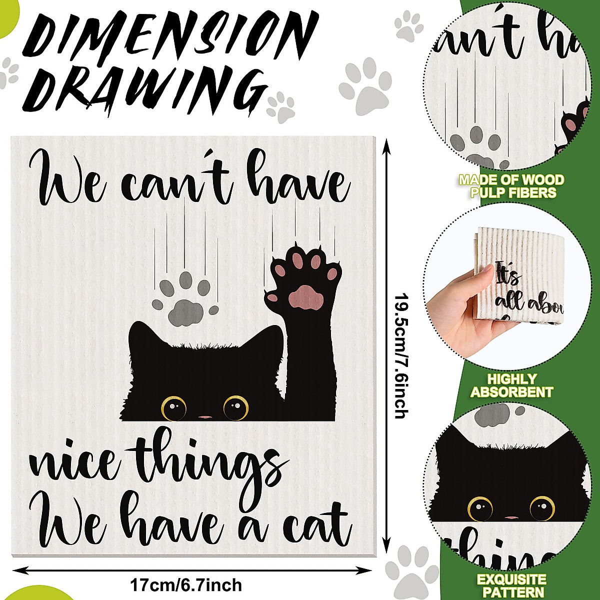 Funtery Cat Swedish Kitchen Dishcloths, 8 Pcs, Wooden, Absorbent, Quick Drying, Suitable for Daily Use, Cat Lover Gifts