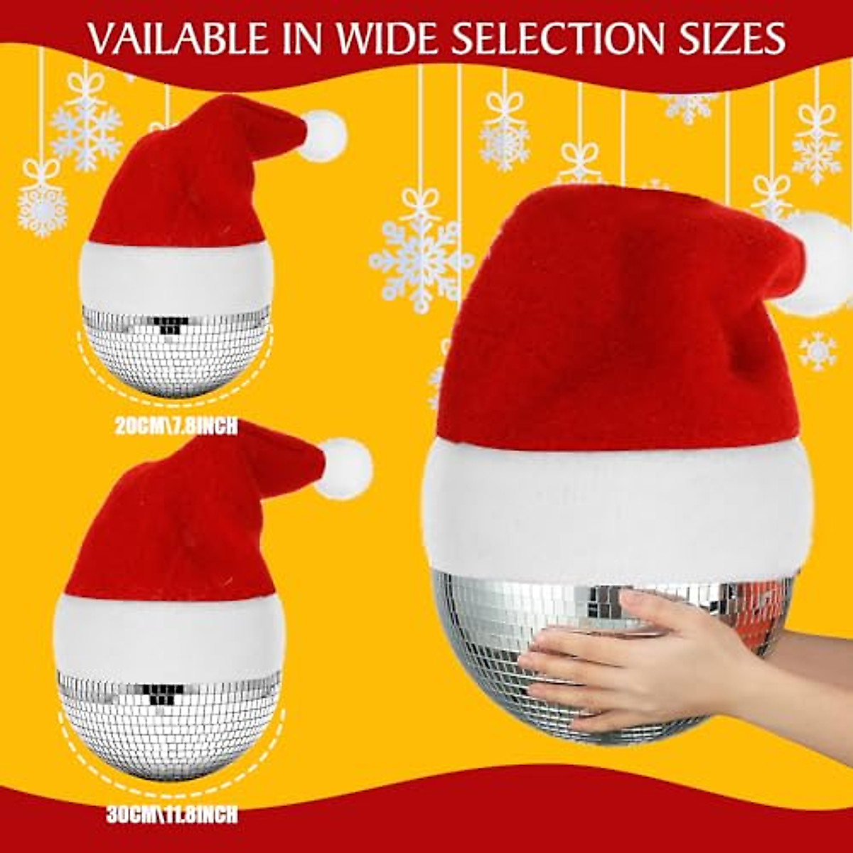 Liliful 2 Pcs Christmas Large Disco Ball Ornament With Santa Hat Silver Hanging Reflective Disco Ball for Party (12'', 8'')