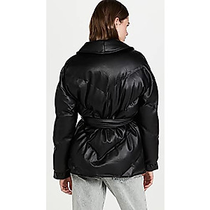 [BLANKNYC] womens Black Vegan Leather Puffer Belted Jacket, The Love Doctor, Small US