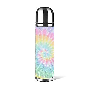 Pastel Tie Dye Water Bottle Stainless Steel Insulated Thermos Metal Resuable Vacuum Bottle With Leather Bottle Holder 16 Oz(500 Ml)