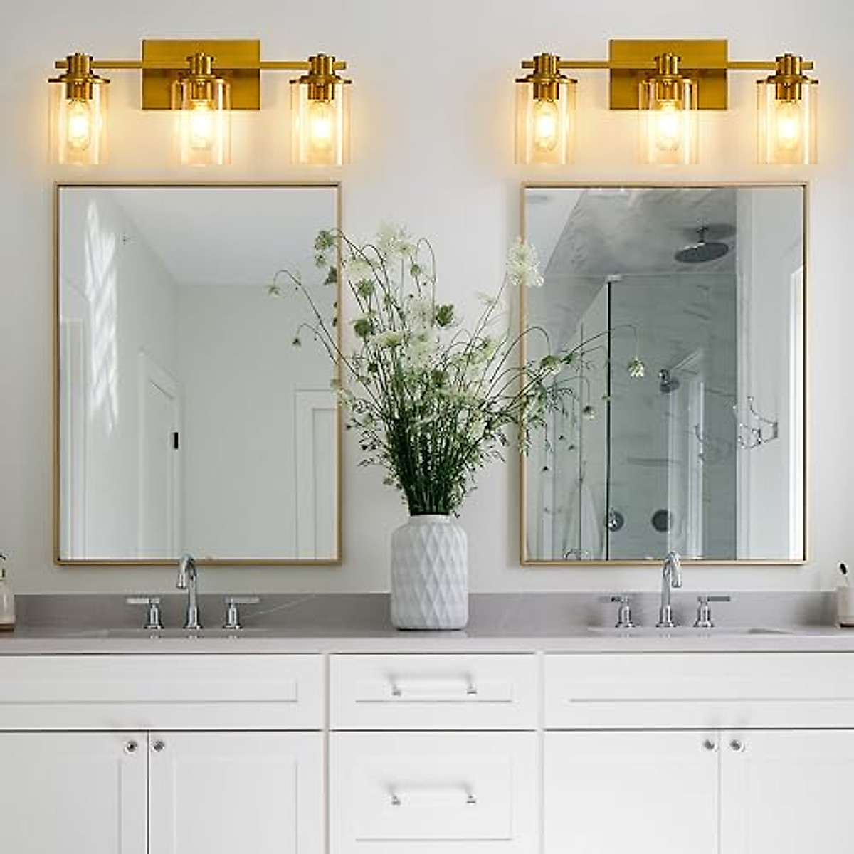 Eatich Bathroom Light Fixtures, 3-Light Brushed Gold Bathroom Vanity Light, Brass Vanity Lights for Bathroom with Clear Glass Shade, Modern Vintage Bathroom Lights Over Mirror