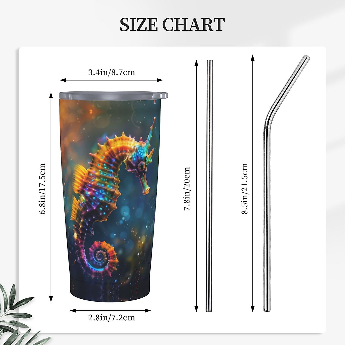 VOSERY Neon Seahorse Underwater Realm Cute Tumbler with Lid and Straw, 20 Oz Stainless Steel Insulated Tumbler Water Bottle Cup, Travel Coffee Mug Personalized Tumbler