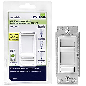 Leviton 6674-P0W SureSlide Universal 150-Watt LED and CFL/600-Watt Incandescent Dimmer, White