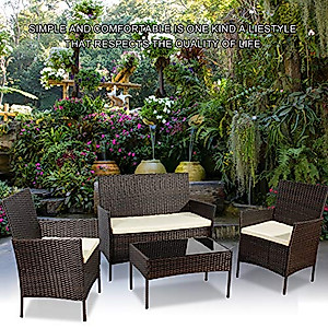 4 Pieces Outdoor Furniture Set Patio Rattan Conversation Furniture Set All-Weather Wicker Bistro Set Comfortable Chairs and Coffee Table Outdoor Indoor Use Patio Poolside Backyard Garden (Brown)