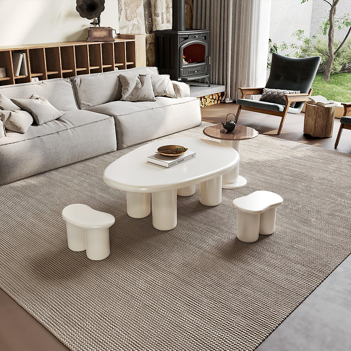 Guyii Nesting Coffee Table Set with 2 Stools, Combination Center Table with Irregular Coffee Table and Round Glass End Table, Modern Side Table for Living Room, Small Spaces, Easy to Assemble