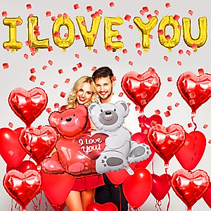 Tayuvira I Love You Balloons And Red Heart Balloons Set ，Heart Balloons Kit With 1000 Pcs Dark-Red Silk Rose .I Love You Decoration For Anniversary Confession Proposal Wedding Valentine Day