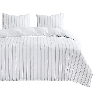 Wake In Cloud - Striped Comforter Set, Ticking Stripe Vertical Pinstripe Neutral Farmhouse Pattern Printed, Soft Lightweight Bedding, 3 Pieces, Gray White, Queen Size