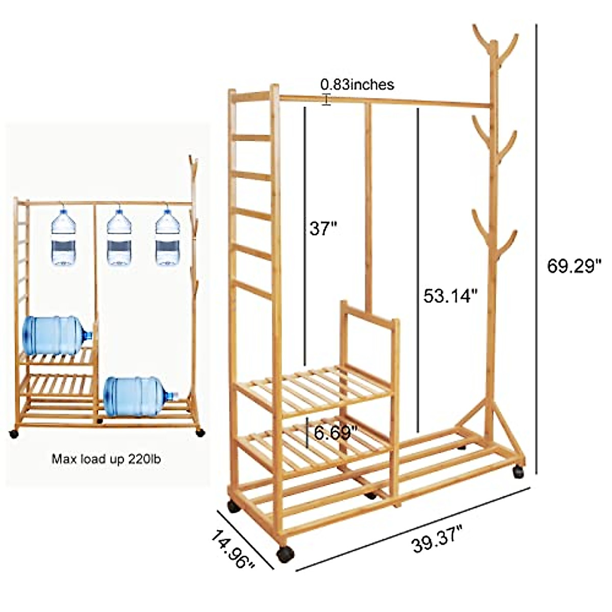 Homde Clothing Rack Bamboo Garment Rack Rolling Coat Rack Multifunctional Bedroom Hanging Rack Clothing Organizer Hat Tree 3 Layers Wardrobe Storage Shelves with Wheels 6 Hooks