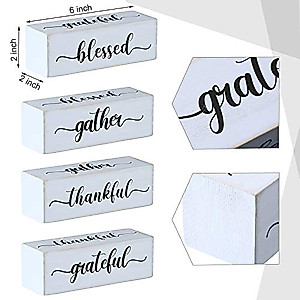 Four-Sided Inspirational Block Sign Rustic Wooden Blessed Gather Thankful Grateful Sign Tabletop Block Decor for Office Home Farmhouse Tabletop, Bookshelf, Tiered Tray Decor