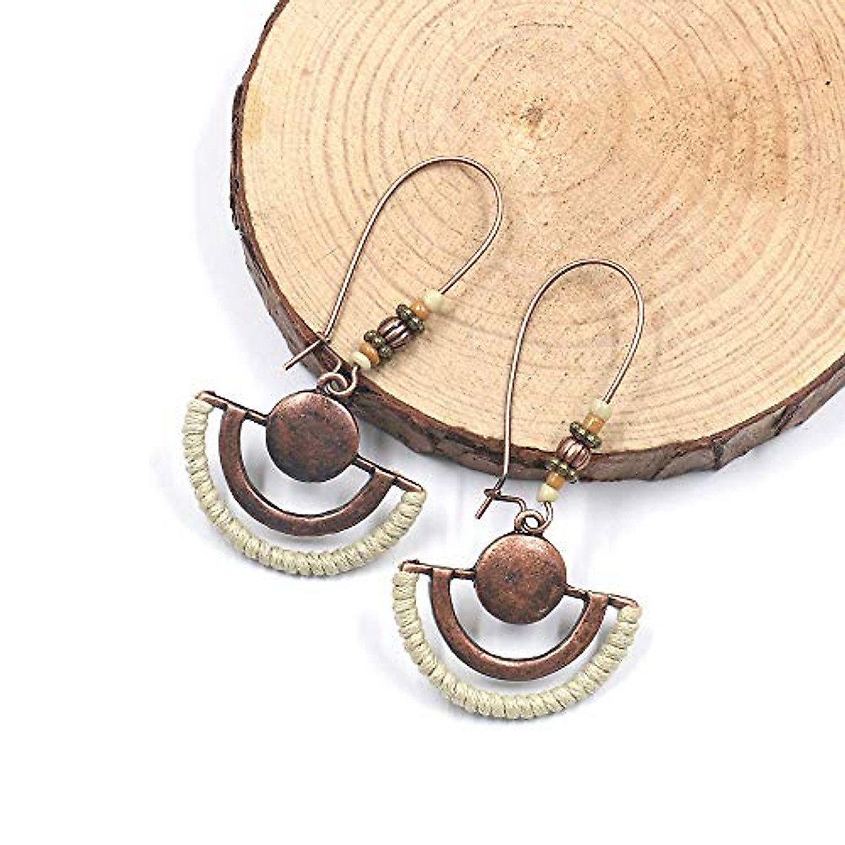 Lightweight Handmade Weave Boho Bohemian Fan Shape Earrings for Women Geometric Dangle Drop Hollow Half Round African Tribal Ethnic Jewelry (Copper)
